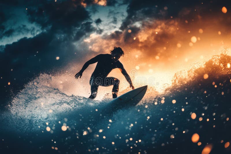 Surfer Glides through Ocean Wave during Sunset with Dramatic Clouds ...