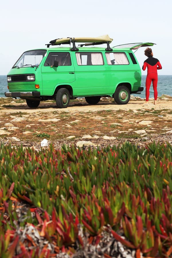 Surfer with his retro van stock photo. Image of nature - 24736136
