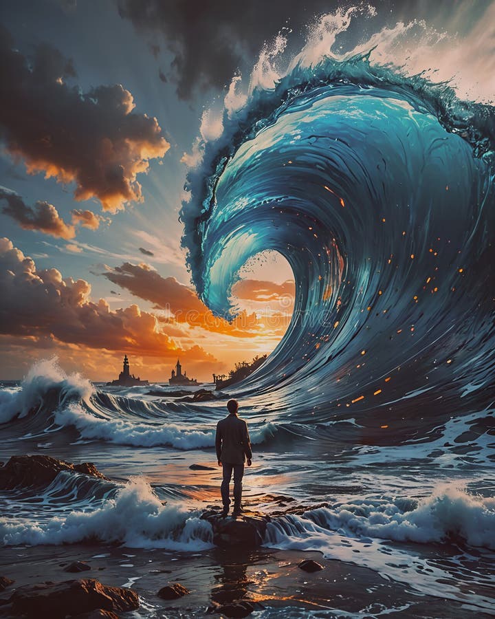 Surfer Looking at Big Ocean Wave at Sunset. Stock Illustration ...