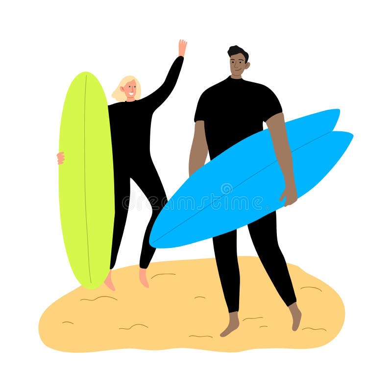 Surfer Men Characters In Black Wetsuits Standing With Surfboards On A