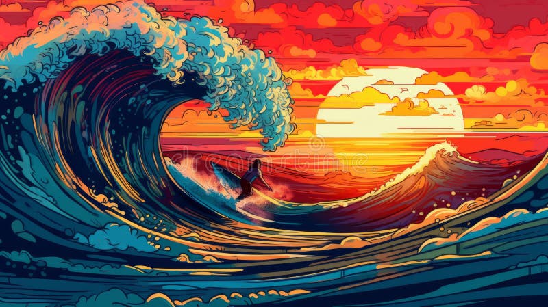 Surfer in Ocean Wave at Sunset. Generative AI. Stock Illustration ...