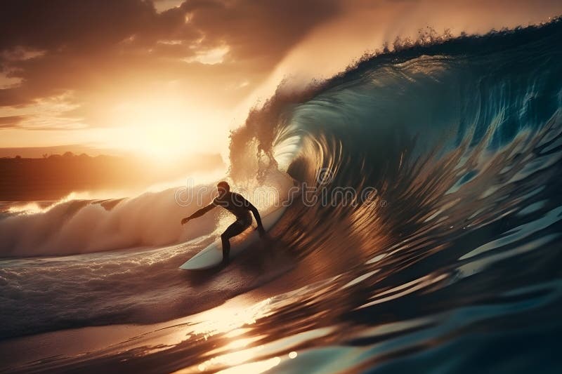Surfer Practicing Surfing on Wavy Sea with Splashing Water Stock ...