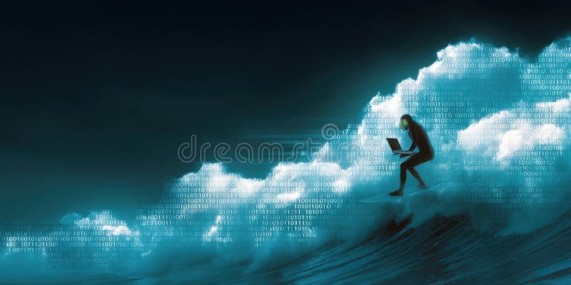 Surfer Rides Digital Wave Under Dark Sky while Working on Laptop at ...