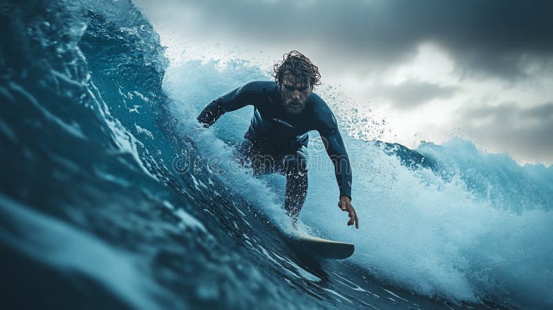 A Surfer Rides a Large Wave, Leaning Forward and Looking Ahead, with ...
