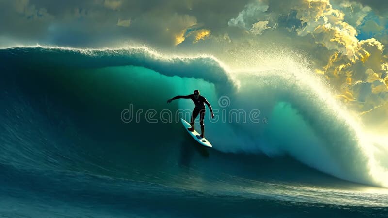 Surfer Rides a Powerful Ocean Wave during a Dramatic Sunset Stock ...