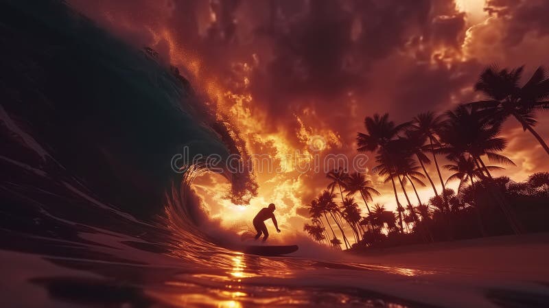 Surfer Rides on Surfboard of Epic Wave, Sunset in Background with Palm ...