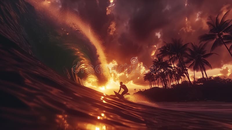 Surfer Rides on Surfboard of Epic Wave, Sunset in Background with Palm ...