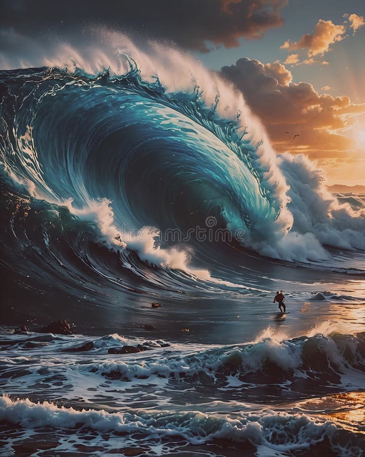 A Surfer Rides a Wave in Front of a Sunset. Stock Illustration ...