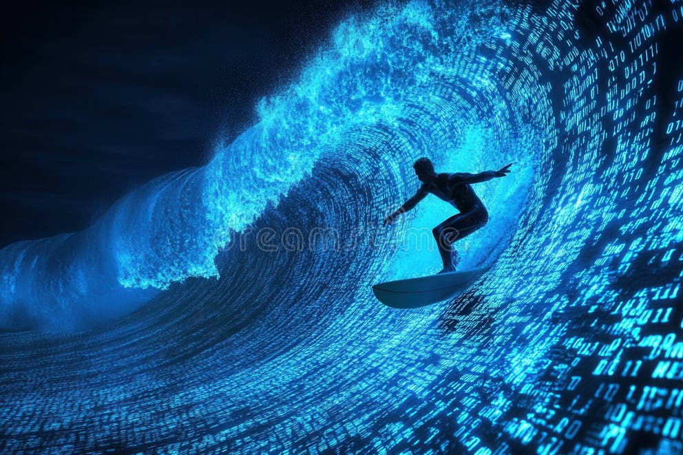 Surfer Riding Digital Wave of Data in Cyberspace Stock Photo - Image of ...