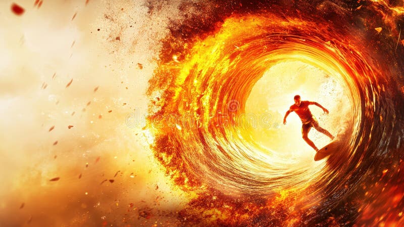 Surfer Riding a Fiery Wave in an Explosive Ocean Environment Stock ...