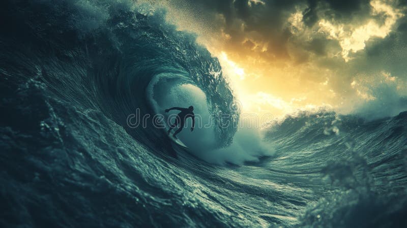 Surfer Riding a Giant Wave at Sunset Generative AI Stock Illustration ...