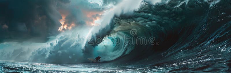 Surfer Riding a Huge Wave Under Dramatic Storm Clouds Stock Photo ...
