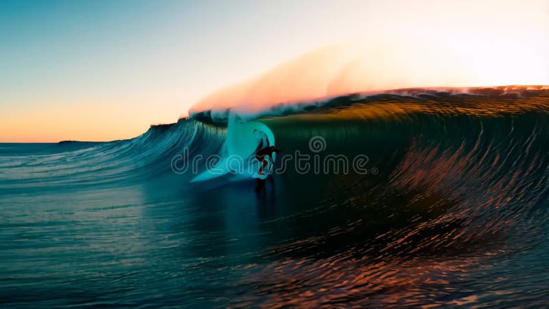 A Surfer Riding a Large, Dramatic Barrel Wave at Sunset, Illuminated by ...
