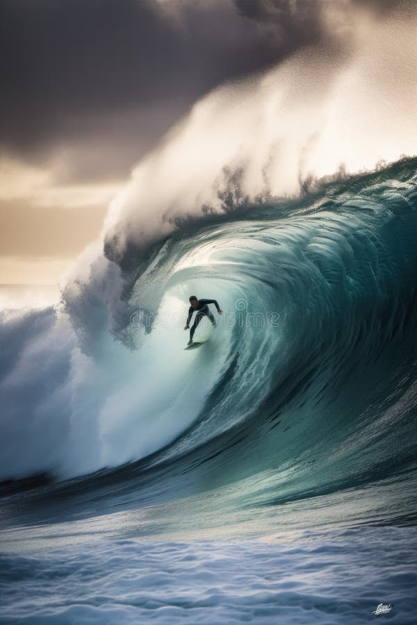 A Surfer Riding a Large Wave in the Ocean. AI Generative Image. Stock ...