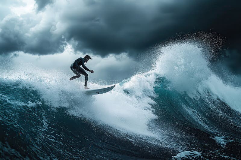 A Surfer Riding a Large Wave Under a Dramatic, Cloudy Sky Stock ...