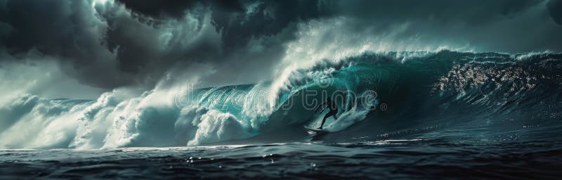 Surfer Riding a Large Wave Under a Stormy Sky Stock Photo - Image of ...