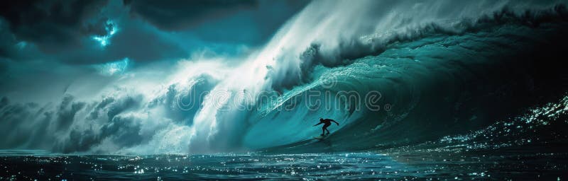 Surfer Riding a Large Wave Under a Stormy Sky Stock Photo - Image of ...