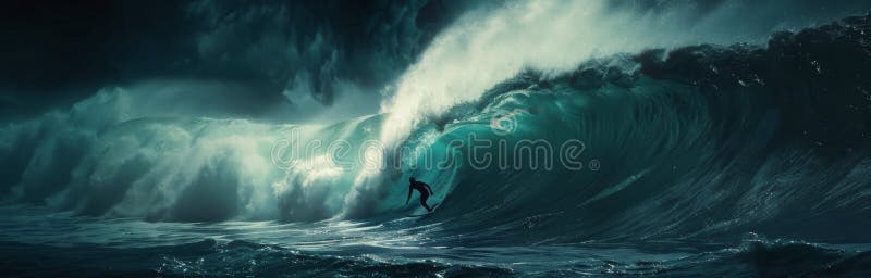 Surfer Riding a Large Wave Under a Stormy Sky Stock Photo - Image of ...