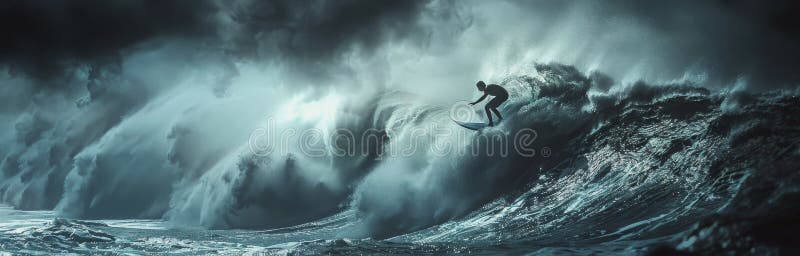 Surfer Riding a Large Wave Under a Stormy Sky Stock Illustration ...