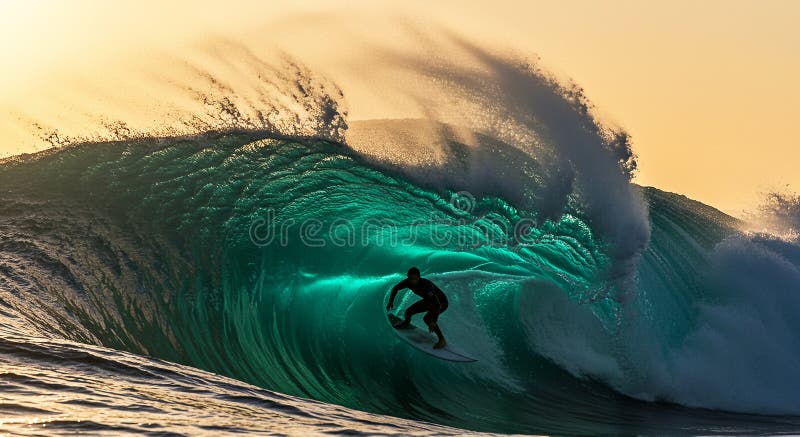 Surfer Riding a Massive Ocean Wave during Sunset. the Wave Forms a ...