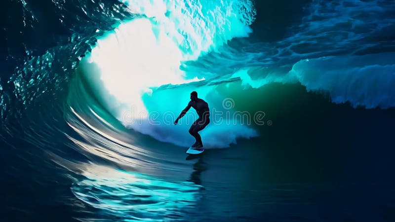 Surfer Riding a Massive, Barreling Wave, Sunlight Illuminating the ...