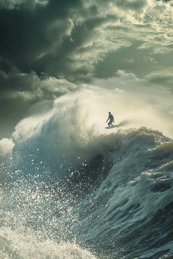 Surfer Riding a Massive Wave in the Ocean Spray Stock Illustration ...