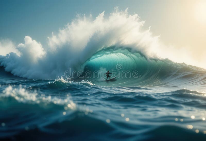 Surfer Riding a Massive Wave in the Ocean during Sunset Stock ...