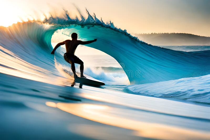 A Surfer Riding a Massive Wave with Spray and Foam All Around Stock ...
