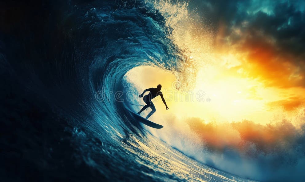 Surfer Riding Massive Wave at Sunset with Dramatic Lighting and Ocean ...