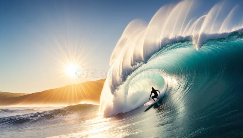 Surfer Riding Massive Wave at Sunset Stock Image - Image of adrenaline ...
