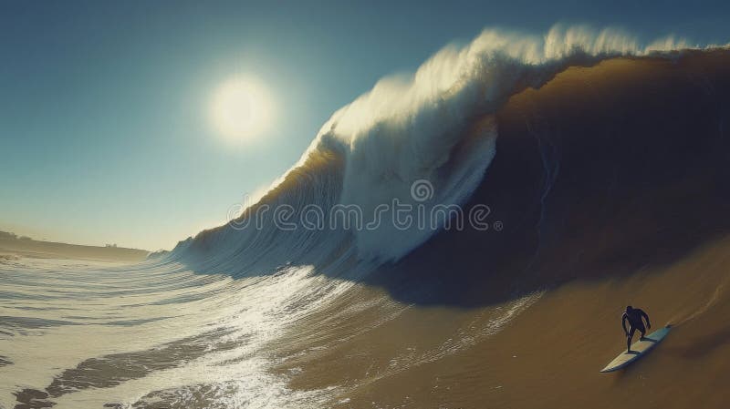 Surfer Riding a Massive Wave Under a Bright Sun Stock Illustration ...