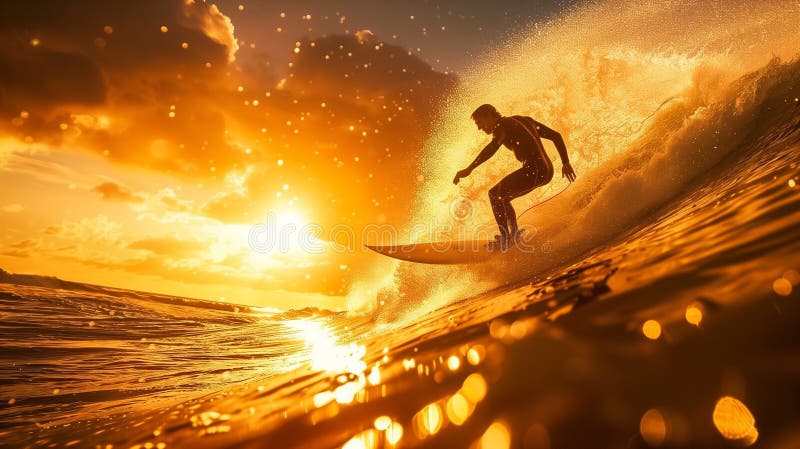 Surfer Riding a Perfect Wave at Sunset with Golden Light Stock ...