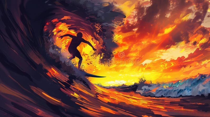 A Surfer Riding the Perfect Wave at Sunset. Generative AI. Stock ...