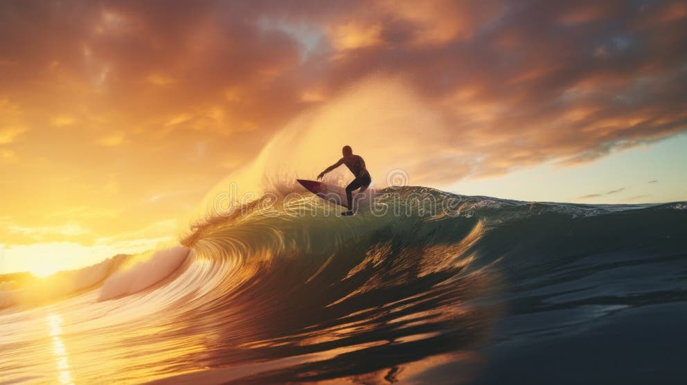 A Surfer Riding a Wave in the Ocean, with the Sun Setting Behind Them ...
