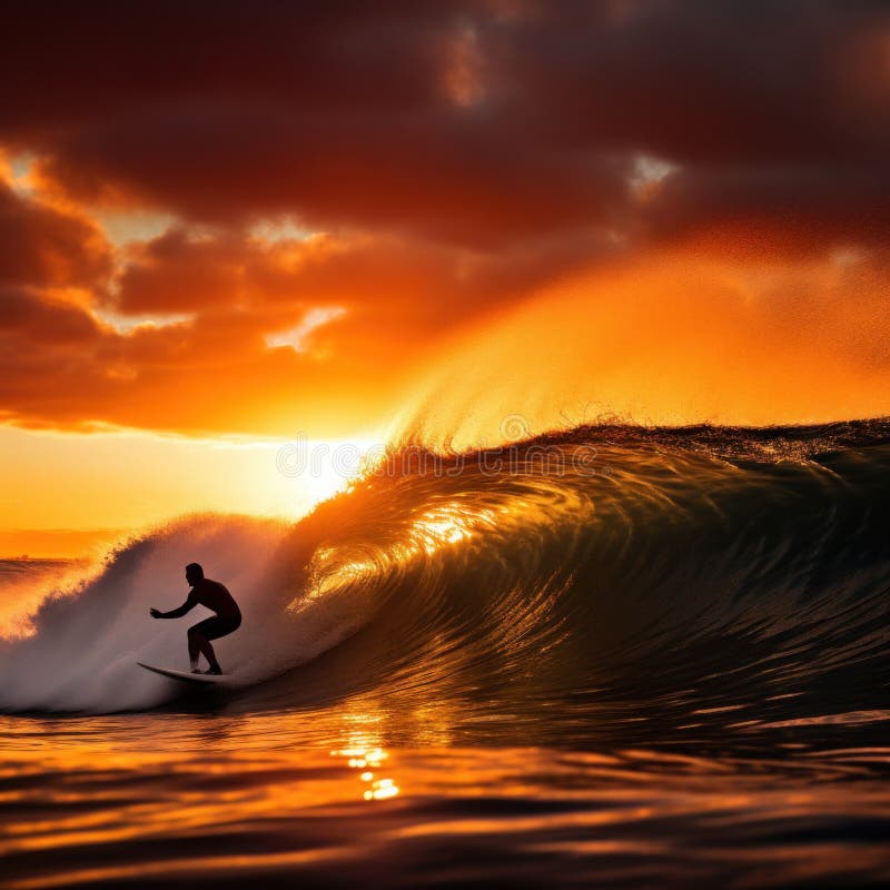 A Surfer Riding a Wave in the Ocean, with the Sun Setting Behind Them ...
