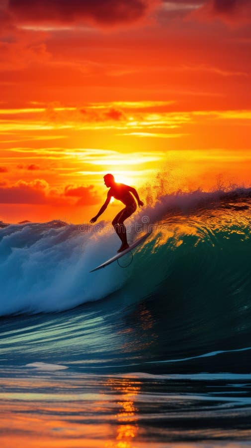 A Surfer Riding a Wave in the Ocean, with the Sun Setting Behind Them ...