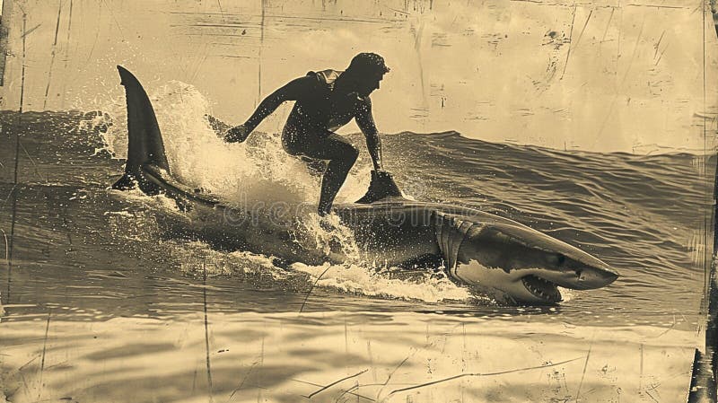 Surfer Riding a Wave with a Shark in the Ocean Stock Illustration ...