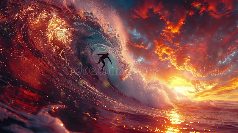 Surfer Riding the Wave at Sunset. Loop Animation Stock Video - Video of ...