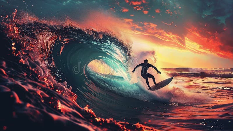 Surfer Riding a Massive, Barreling Wave, Sunlight Illuminating the ...