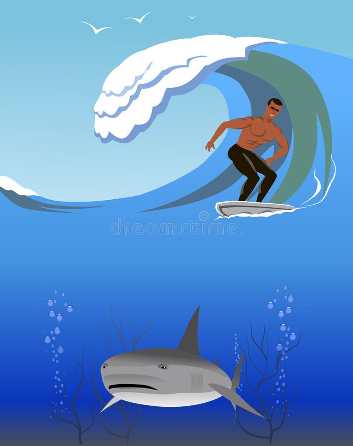 Shark And Surfer Riding On Water Wave Stock Vector - Illustration of ...