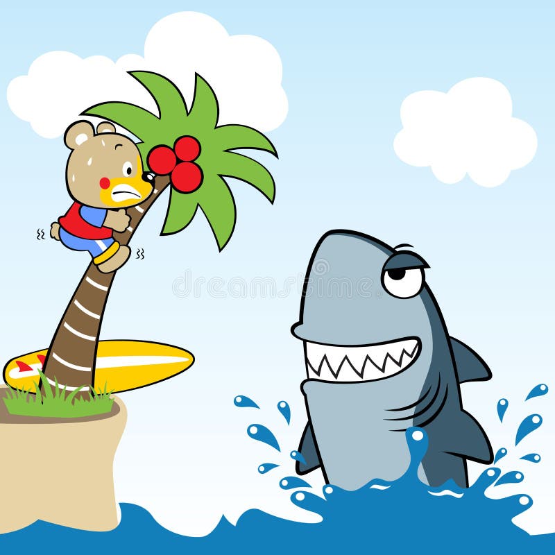 Funny Cartoon Illustration, Big Shark Attack a Funny Surfer Stock ...