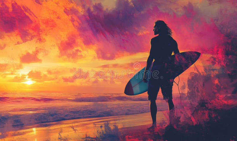 Surfer Silhouette Against Vibrant Sunset Over Ocean Waves Stock Photo ...