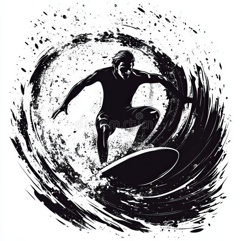 Surfer Silhouette , Black and White Illustration Isolated on White ...