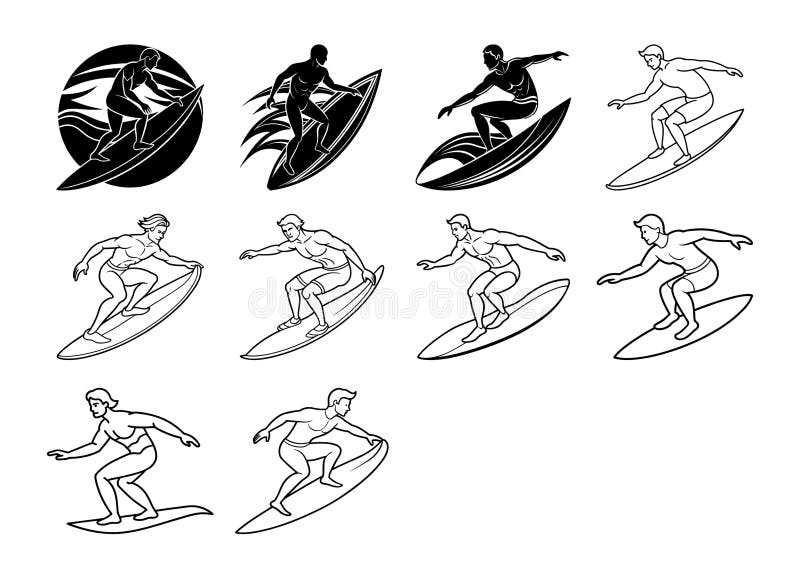 Surfer Silhouettes and Line Art Illustrations Surfing Vector Design Set ...