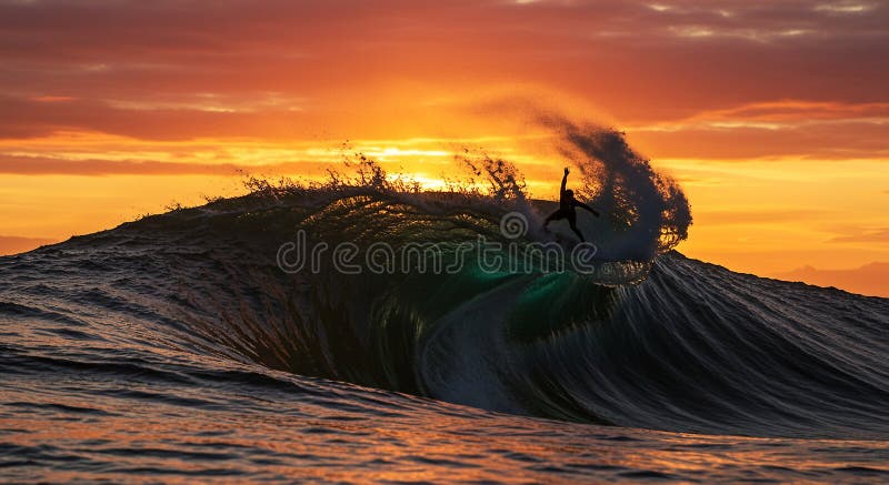 A Surfer Skillfully Maneuvers through a Large, Curling Wave during ...