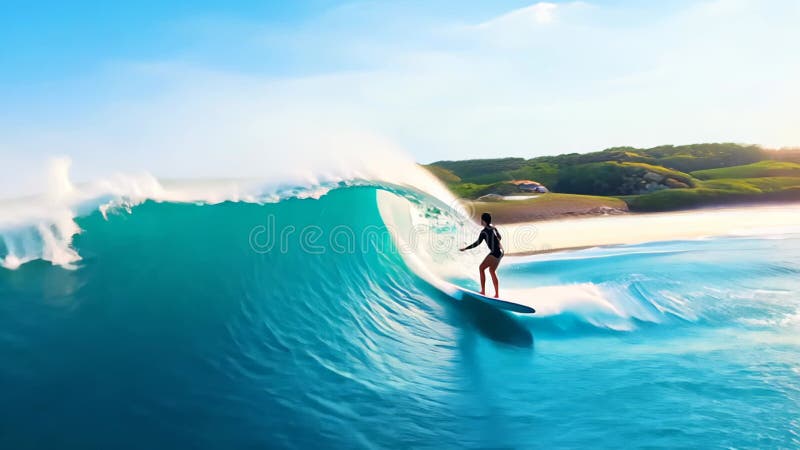 Surfer Skillfully Rides a Massive Ocean Wave, Surrounded by Bright ...