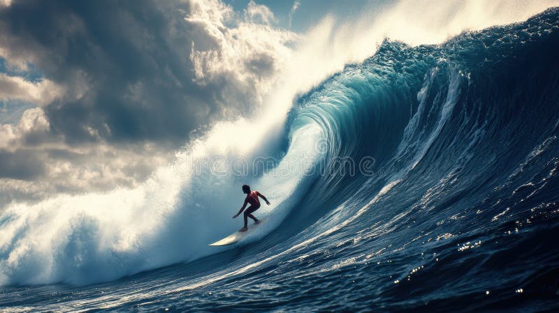 Surfer Skillfully Rides a Massive Wave in the Ocean Under a Cloudy Sky ...
