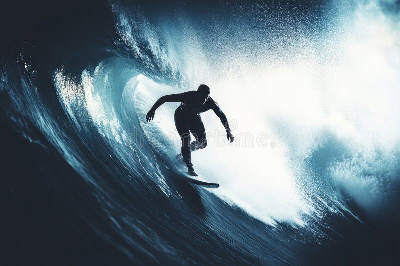 Surfer Skillfully Rides a Wave in the Ocean Under a Gloomy Sky. Stock ...