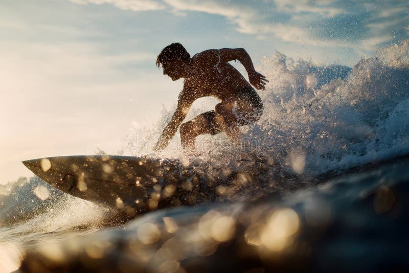 Surfer on Sleek Board Riding a Curling Wave in Open Sea Under Clear Sky ...
