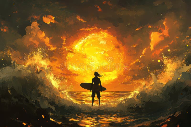 Surfer Stands in Ocean Holding a Surfboard, Capturing the Thrill of ...